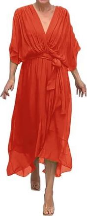 Generic Robes dété pour femmes, robe longue de couleur unie avec manches chauve-souris, robe irrégulière, robes dété blanches pour femmes, Orange, 4XL