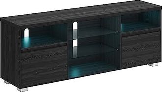 Vasagle Kailyn Collection - Meuble TV avec LED, pour Les T&eacute;l&eacute;viseurs Jusqu&agrave; 70 Pouces, avec &Eacute;tag&egrave;res Ouvertes en Verre, 2 Placards avec Portes, 160 cm, Modern