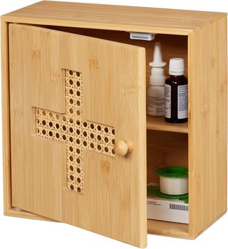 Relaxdays Medizinschrank, Bambus, Medikamentenschr&auml;nkchen zum Hinstellen, HxBxT: 28 x 28 x 16 cm, Hausapotheke, Natur