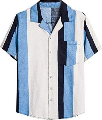 Generic Chemise dentra&icirc;nement en coton et lin pour homme - Haut d&eacute;contract&eacute; tendance - Imprim&eacute; d&eacute;t&eacute; - Manches courtes - Boutonn&eacute; &agrave; rayures - Avec poches - Cou