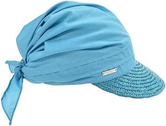 Seeberger Chapeau de Soleil pour Femme en Paille/Tissu uni, Bleu (Azur 66), Taille Unique