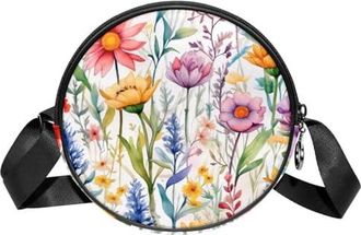 Generic Sac &agrave; bandouli&egrave;re rond pour femme, motif fleurs color&eacute;es, petit sac &agrave; bandouli&egrave;re avec fermeture &eacute;clair, bretelles r&eacute;glables, sac &agrave; main rond d&eacute;contra