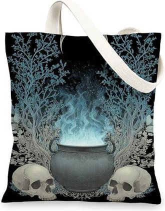 Generic Sacs fourre-tout gothiques en toile, motif crâne et chaudron, sacs dépicerie réutilisables, vintage légers et lavables avec bandoulière, noir, 13x15 I