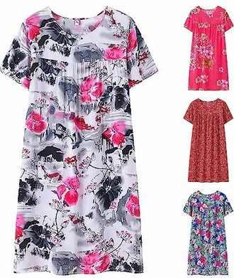 Generic Chemise de nuit florale pour femme, robe de nuit super douce &agrave; manches longues, chemise de nuit classique et &eacute;l&eacute;gante, chemise de nuit ample, col rond