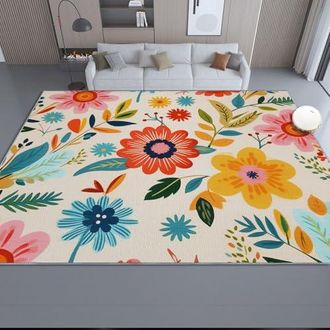 Generic Tapis Salon 140 x 200 cm, Style Bohème Aquarelle Fleurs Antidérapant Tapis Lavable en Machine Flanelle - Crème pour Chambre Salle à Manger Couloir Den