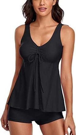 Minetom Maillot de Bain Femme 2 Pièces Short Tops Tankini Dos Nu Grande Taille Push Up Bikini Imprimé Rembourré K Noir L