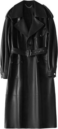 Generic Trench-coat en cuir v&eacute;ritable pour femme - Grande veste &agrave; revers en peau de mouton longue et &eacute;paules tombantes &agrave; lacets, Noir, M