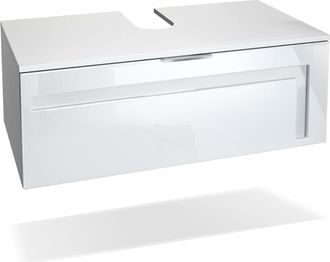 Vladon Waschtisch Waschbecken Unterschrank Aloha V2, Made in Germany, Korpus in Weiß matt/Fronten in Weiß Hochglanz mit Absetzungen in Weiß Hochglanz