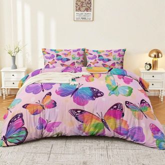 Generic Bettw&auml;sche 135 x 200 cm Weich Mikrofaser Handbemalte Schmetterlinge in bunten Farben Weich Mikrofaser Bettw&auml;sche-Sets Wendbarer Herbst Bettbezug mit F