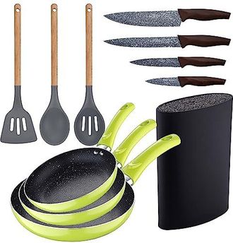 San Ignacio 3-teiliges Pfannen-Set (20 + 24 + 28 cm) grun gepresstes Aluminium mit 3 Stuck Kuchenutensilien Silikon Holz mit 4 Messern Edelstahl mit Tacom