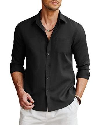 Coofandy Chemise Oxford à manches longues boutonnée pour homme, coupe classique, couleur unie, avec poche, Noir, XL