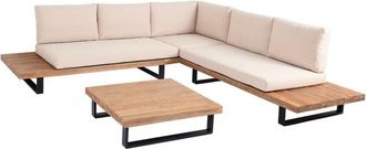 Hhg Neuwertig] Garten-Garnitur HHG 641, Garnitur Sitzgruppe Lounge-Set, Spun Poly Akazie Holz mvg Alu hellbraun, Polster beige