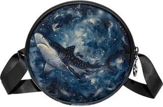 Generic Sac &agrave; bandouli&egrave;re rond rond pour femme, motif requin &eacute;toil&eacute;, avec fermeture &eacute;clair, bretelles r&eacute;glables, style d&eacute;contract&eacute;