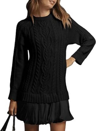 Generic Robe pull en laine tricot&eacute;e torsad&eacute;e pour femme - Mini mousseline de soie - Ourlet &agrave; volants - Manches longues - Col rond - Pour lhiver - Chaud - Pour