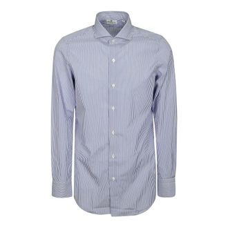 Finamore Homme, Chemises, Bleu, Taille: L Chemise en Coton Rayée Bleue avec Col Français