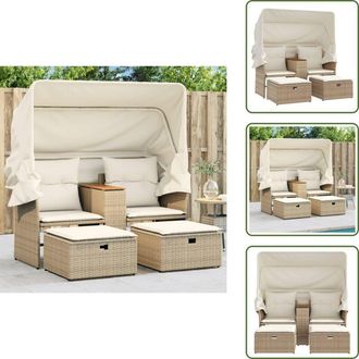 vidaXL Gartensofa 2-Sitzer mit Dach und Hockern Beige Poly Rattan - Gartensofa - Outdoor Sofa - Sonnensegel - Rattan Gartenm&ouml;bel - Gartenstuhl - The Living