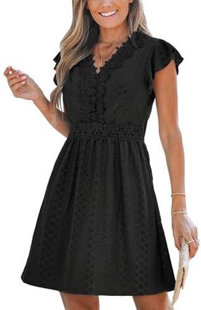 Cupshe Robe dété décontractée pour femme, col en V, appliques en dentelle, manches courtes, mini robe de plage, noir, Taille XL