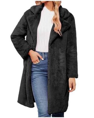 ORANDESIGNE Manteau dhiver Femme Duveteux Polaire Revers Manches Longues Bouton Chaud Fausse Fourrure V&ecirc;tements Dext&eacute;rieur Veste Sherpa Cardigan B Noir XL