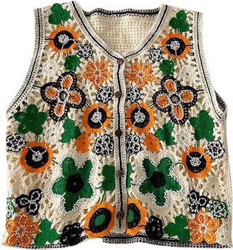 Minetom Damen Strickweste Vintage Blumen Stickerei Weste &Auml;rmellos Strickjacke Cardigan Casual Oberteile Weste Tops mit Knopf 13 Gr&uuml;n Einheitsgr&ouml;&szlig;e