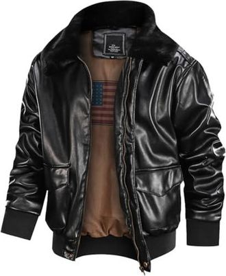Generic Veste Dhiver En Cuir R&eacute;tro Pour Hommes V&ecirc;tements Dext&eacute;rieur Blouson Aviateur Brise-Vent Vestes En Cuir De Moto Black Fur L