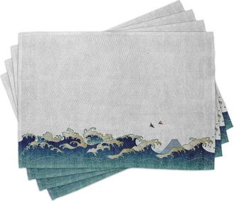 Abakuhaus Japanische Welle Platzmatten, Aquatic-Strudel, Waschbare Stoff Esszimmer Küche Tischdekorations Digitaldruck, Creme Blau Grau