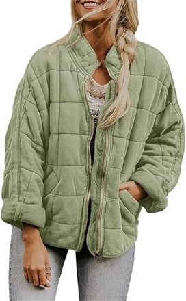Generic Veste thermique matelassée à manches longues avec fermeture éclair et col montant pour femme - Veste dhiver thermique avec poches, Vert, XXL