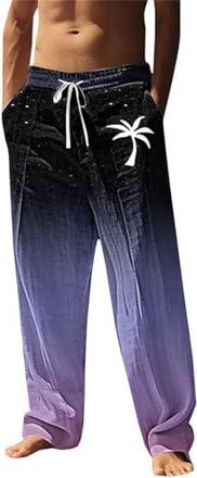 Generic Pantalon de loisirs long en lin pour homme - Pantalon dext&eacute;rieur pour homme - Avec motif cocotier - Pantalon en lin respirant - D&eacute;grad&eacute; de couleur - P