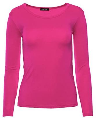 Easy Young Fashion T-shirt basique à col rond et manches longues, coupe skinny, Rose, M