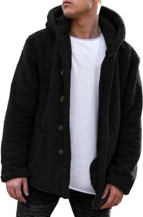 Generic Manteau en fausse fourrure pour homme, capuche doubl&eacute;e en sherpa, capuche doubl&eacute;e polaire chaude, veste duveteuse pour homme, manteau doux et d&eacute;contra