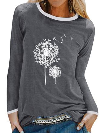 Dresswel Damen L&ouml;wenzahn Langarm T-Shirt Pusteblume Drucken Langarmshirt Herbst Bluse Tops Oberteile