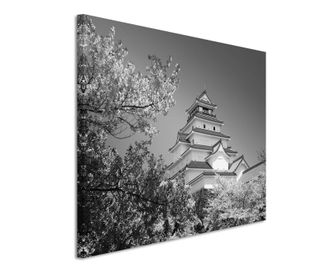 Paul Sinus Art 50x70cm Wandbild Fotoleinwand Bild in Schwarz Weiss Burg Aiku-Wakamatsu Kirschbl&uuml;ten Japan