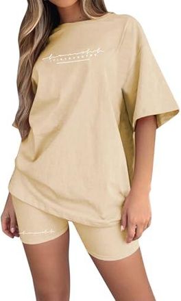 Generic Ensemble 2 pi&egrave;ces pour femme - T-shirt surdimensionn&eacute; - Short de motard - Style d&eacute;contract&eacute; - Tenue de sport - Essentiel pour les vacances d&eacute;t&eacute;, kaki,