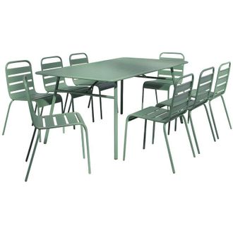 Vente-Unique Salle &agrave; manger de jardin en m&eacute;tal - une table L.200 cm et 8 chaises empilables - Vert amande - MIRMANDE de MYLIA