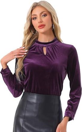 Allegra K Hauts en Velours pour Femmes Col Montant avec Trou de Serrure Manches Longues Blouse D&eacute;contract&eacute;e &Eacute;l&eacute;gante Chemisier Vintage Mauve L