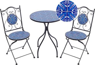 Beliani Balkon Set Metall schwarz/blau Mosaik Muster 2 St&uuml;hle 1 Tisch Cigliano
