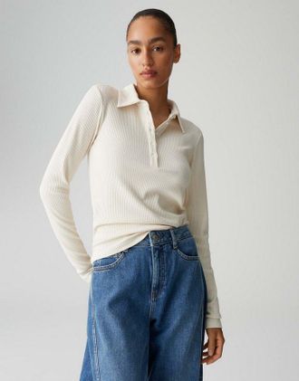 OPUS Langarm-Poloshirt SULONA Slim mit Rippenstruktur schmale Passform, weicher Griff