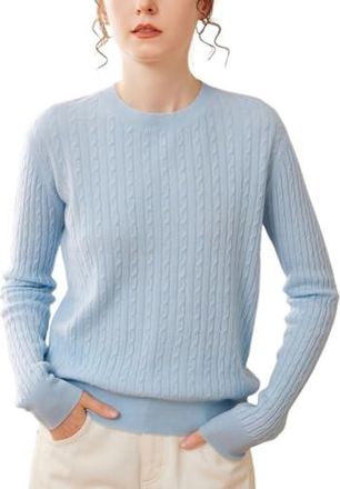 Dissa Pull Cachemire Femme Bleu Ciel Col Rond Torsade Tricoté en Vrac Manches Longues Fin Pull en Cachemire et Laine,EU 36,SPR2438