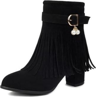 Generic Bottes De Cheville Chic Franges Femme Décor Boucle Perle Talons Carrés Simili Daim Stylées Casual Fêtes Quotidiennes,Noir,36 EU