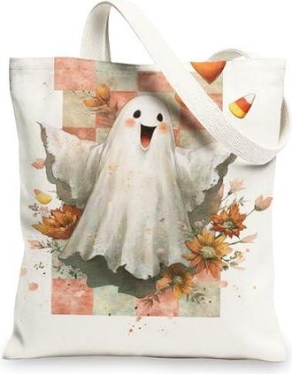 Generic Sacs fourre-tout en toile avec motif fantôme mignon, sacs dépicerie réutilisables, légers et lavables à motif floral vintage pour salle de sport, voya