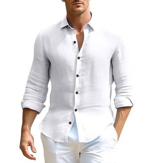 Generic Chemise formelle en lin &agrave; manches longues pour homme - Chemise boutonn&eacute;e en lin - Coupe ajust&eacute;e - Style d&eacute;contract&eacute; - Blanc - Col en V - T-shirt pour 