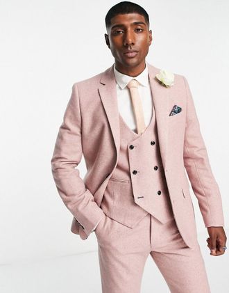 Harry Brown Veste de costume de mariage coupe slim en tweed avec col &agrave; revers-Rose