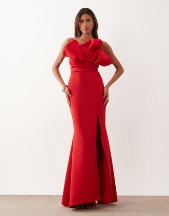 Asos Robe longue &agrave; encolure structur&eacute;e en imitation n&eacute;opr&egrave;ne - Rouge