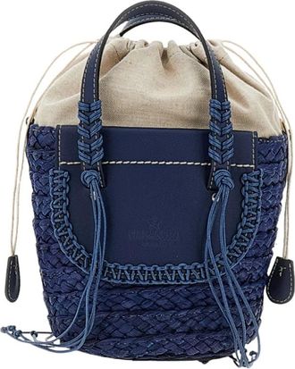 Cuba Lab Femme, Sacs, Bleu, Taille: ONE Size Sac Seau en Raphia Tress&eacute; avec Inserts en Cuir