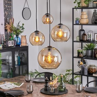 HOFSTEIN H&auml;ngeleuchte Koyoto, 4-flammige H&auml;ngelampe aus Metall/Glas in Schwarz/Bernstein, moderne Pendelleuchte im Retro/Vintage-Design (Schirme &Oslash; 15; 20; 25; 