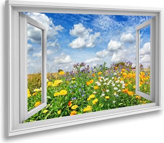 Islandburner Prime Bild auf Leinwand Fensterblick Landschaft mit bunten Sommerblumen Sage Bilder Wandbilder Poster