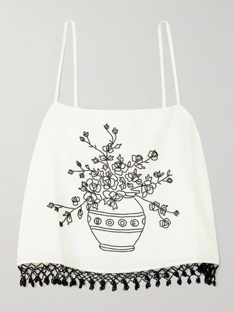 Bode Rosebloom Verk&uuml;rztes Oberteil Aus Einer Baumwoll-seidenmischung Mit Fransen Und Zierperlen - Wei&szlig;