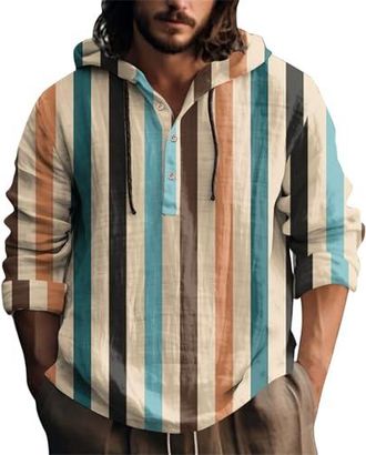 Generic Sweat &agrave; capuche ray&eacute; pour homme, chandail &agrave; manches longues avec cordon de serrage, chemises de vacances &agrave; rayures verticales, chemise &agrave; boutons impri