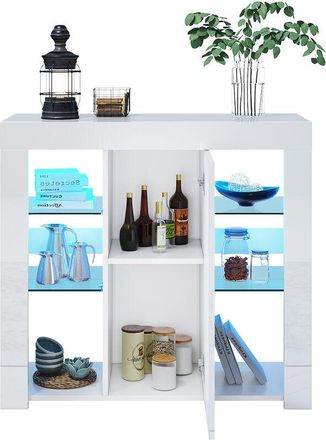 Sonni LED Sideboards Aufbewahrungsschrank mit 1 T&uuml;r, offenes Fach, verstellbare geh&auml;rtetes Glas K&uuml;chenschrank, 90x35x83cm, Wei&szlig;