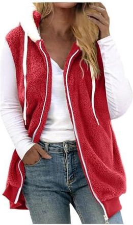 Generic Veste à capuche en polaire pelucheuse sans manches pour femme avec fermeture éclair et cordon de serrage, Rouge, 3XL