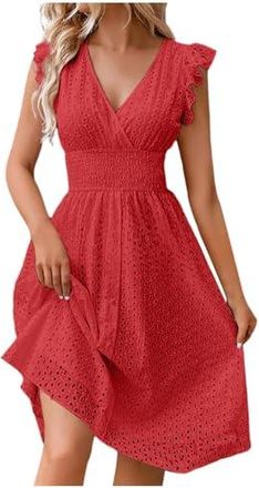Generic Robe De Plage Femme sans Manches- Robe Ete Mi Longue Fluide Col en V VolantéEs Creuse Dentelle Jacquard Couleur Unie Chic Et Elegant Sexy DéContracté 